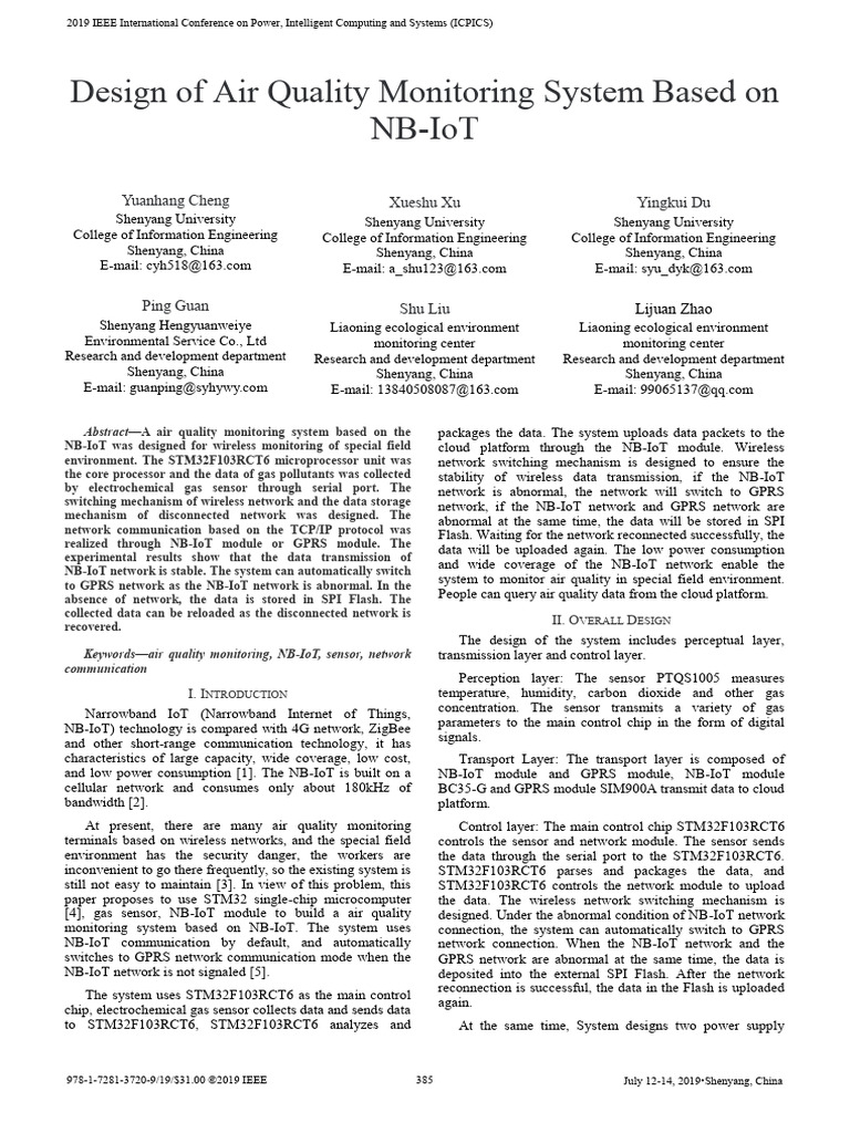 Design Of Air Quality Monitoring System Based On Nb Iot Pdf Computer Network General