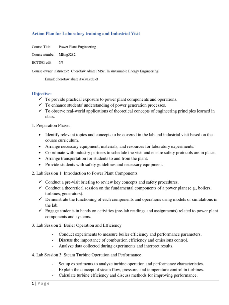 Action Plan For Power Plant Engineering Course Lab and Industrial Visit ...