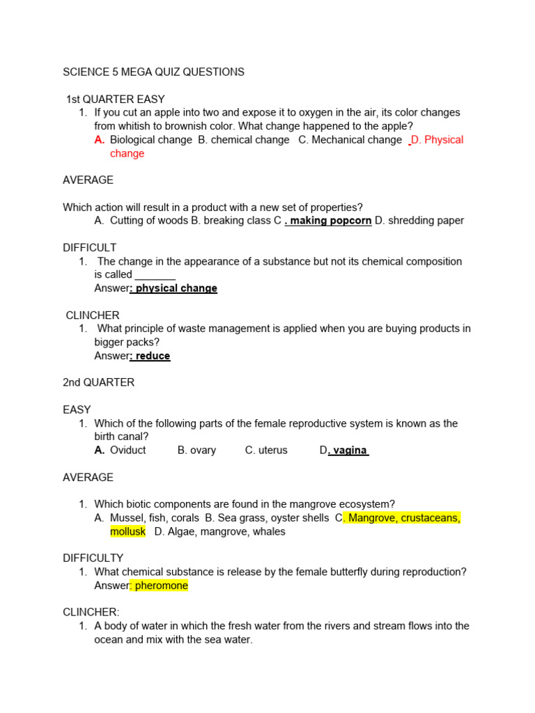 Science 5 Mega Quiz Questions | PDF