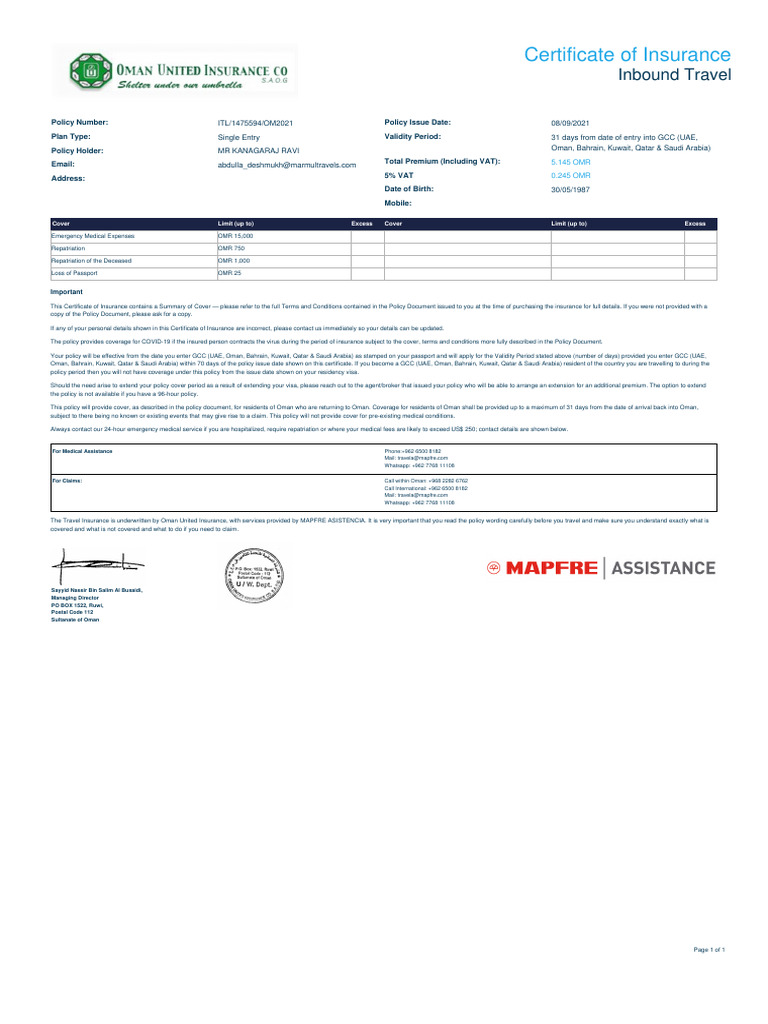 Policy Certificate (EN) | PDF | Gulf Cooperation Council | Insurance
