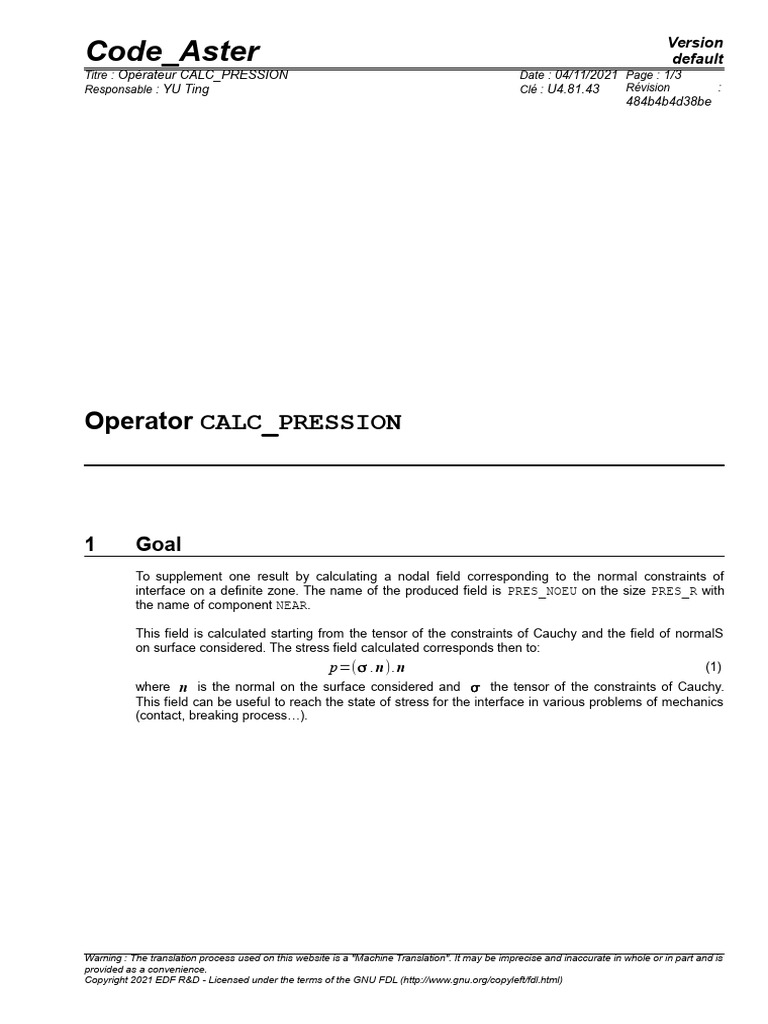Code - Aster: Operator CALC - PRESSION | PDF | Stress (Mechanics) | Computing