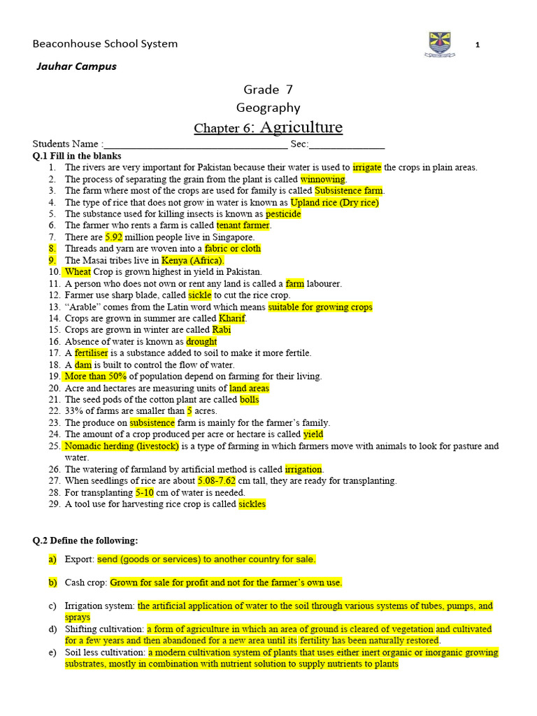 Grade 7 Agriculture Worksheet | PDF | Agriculture | Farms