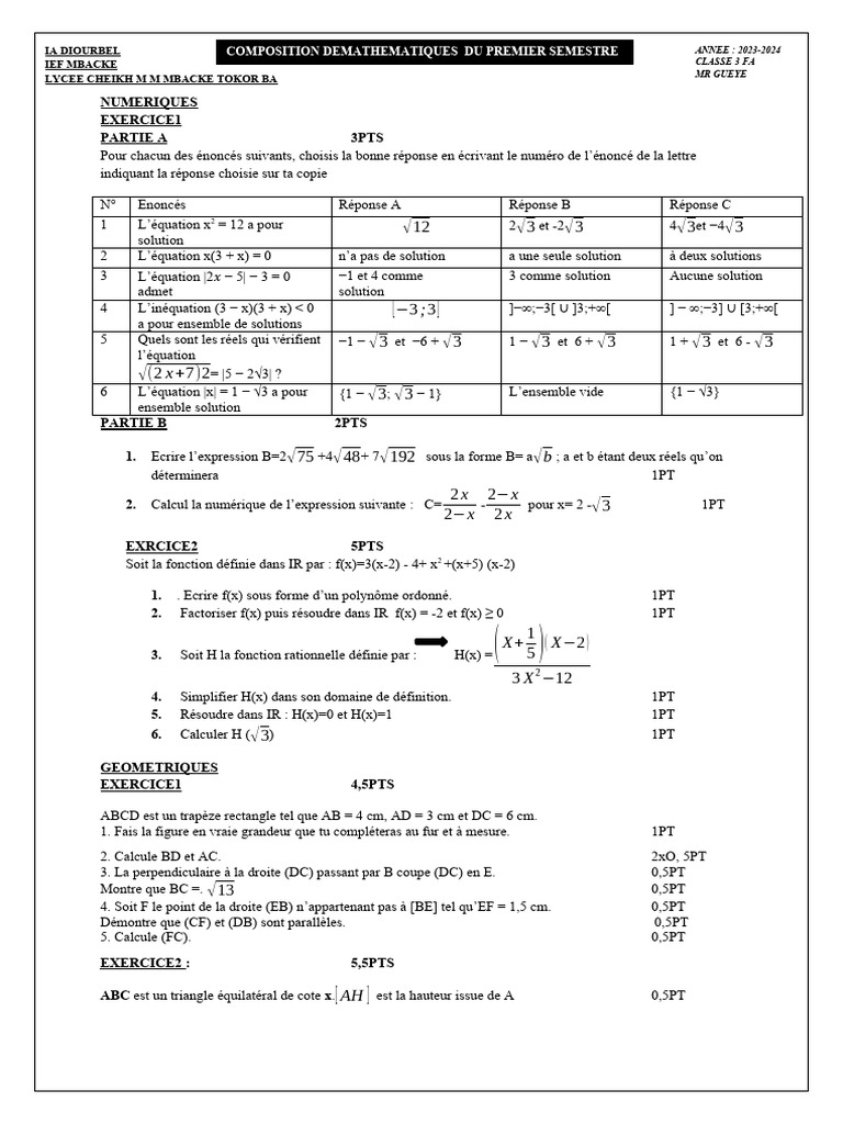 Composition Maths 3ème 2024 | PDF | Mathématiques