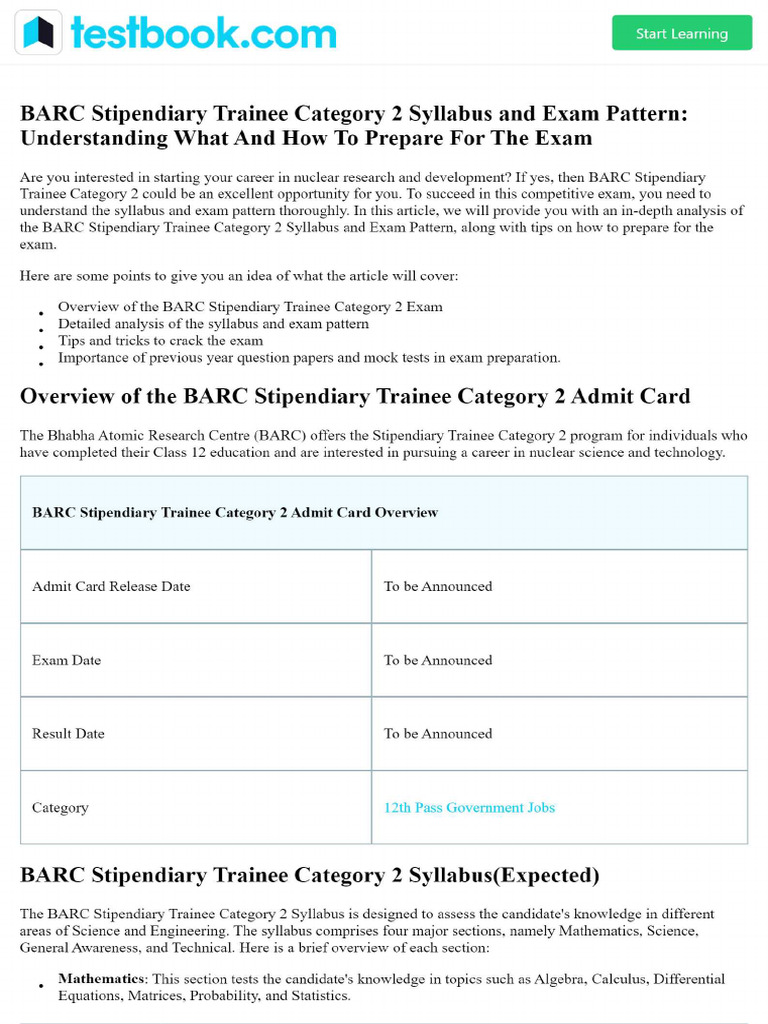 BARC Stipendiary Trainee Category 2 Syllabus and Exam Pattern ...