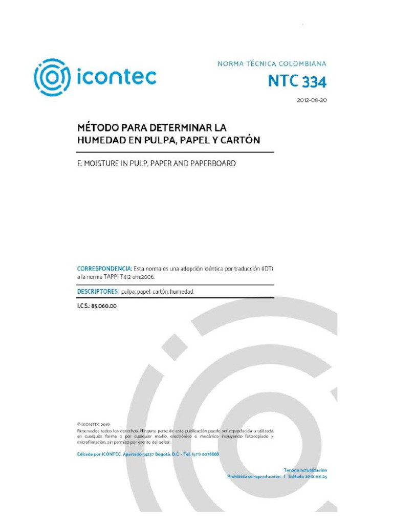 NTC 334. Determinación de Humedad en Pupa, Papel y Cartón | PDF