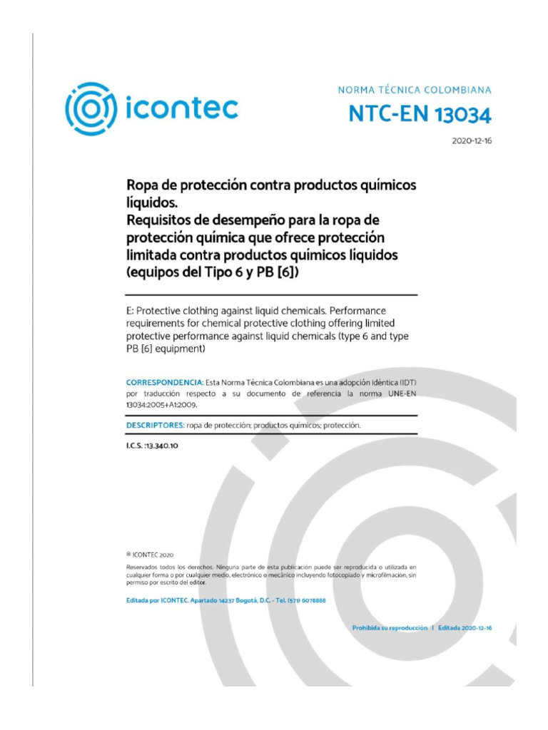 NTC-EN 13034. Requisitos Protección Contra Productos Quimicos Liquidos. ESPAÑOL | PDF