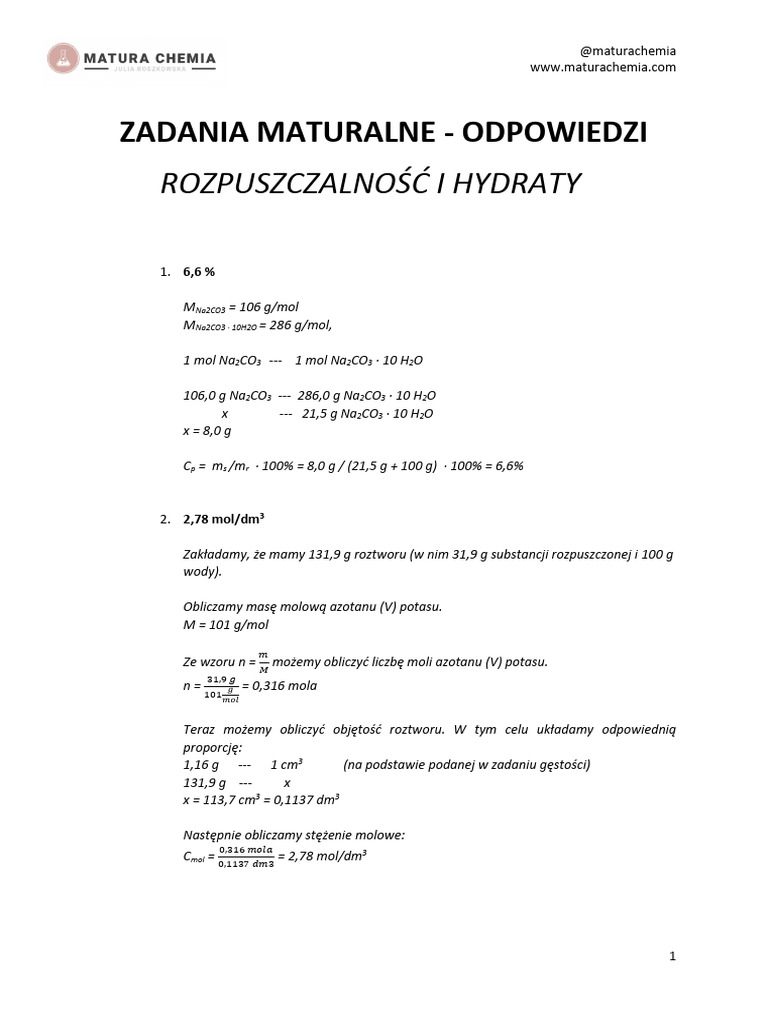 ODPOWIEDZI Rozpuszczalnosc I Hydraty 1 | PDF