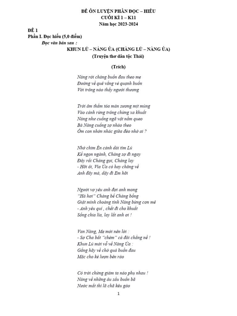 Đề Ôn Luyện Phần Đọc Hiểu - k11 - ck1 | PDF