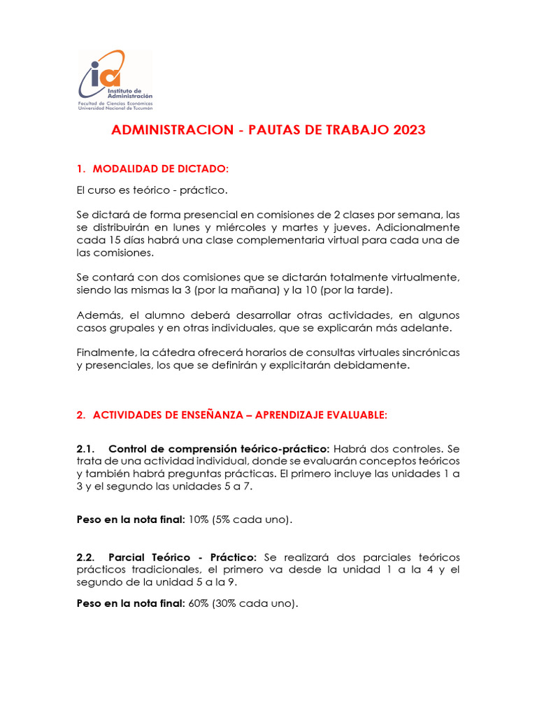 Pautas de Trabajo Administracion 2023 | PDF