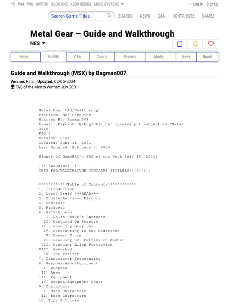 Metal Gear - Guide and Walkthrough - NES - by Bagman007 - Gam2eFA | PDF