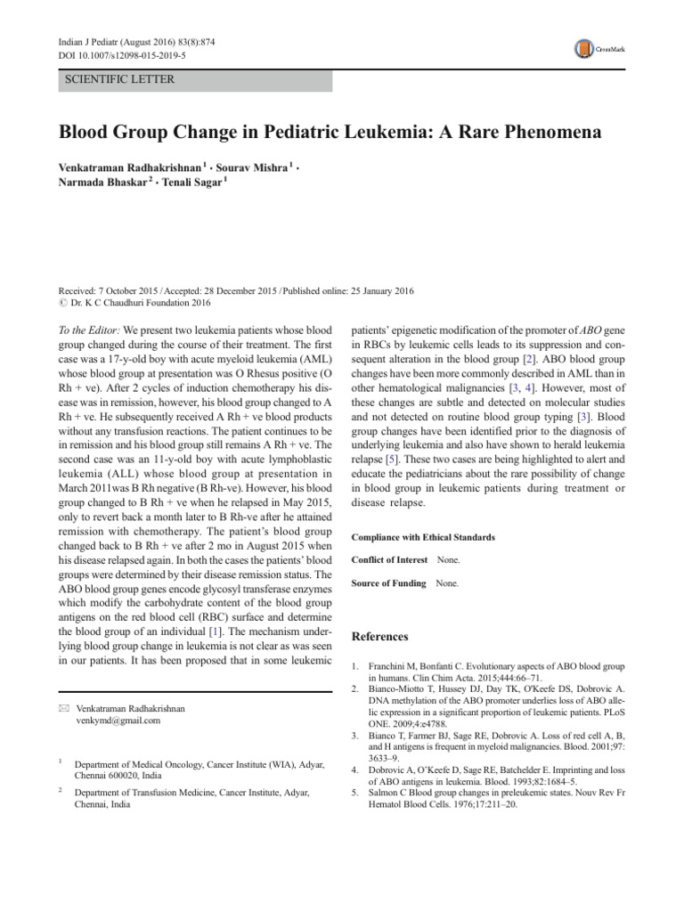 Blood Group Change in Pediatric Leukemia: A Rare Phenomena: Scientific ...