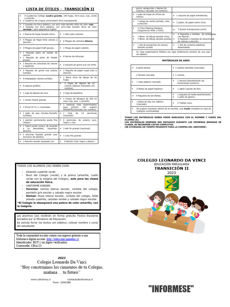 Lista De útiles Escolares Transicion Ii 2023 Pdf Educación De La