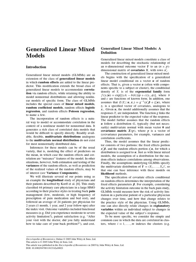 McCulloch and Neuhaus 2005 Generalized Linear Mixed Models | PDF | Variance | Linear Regression