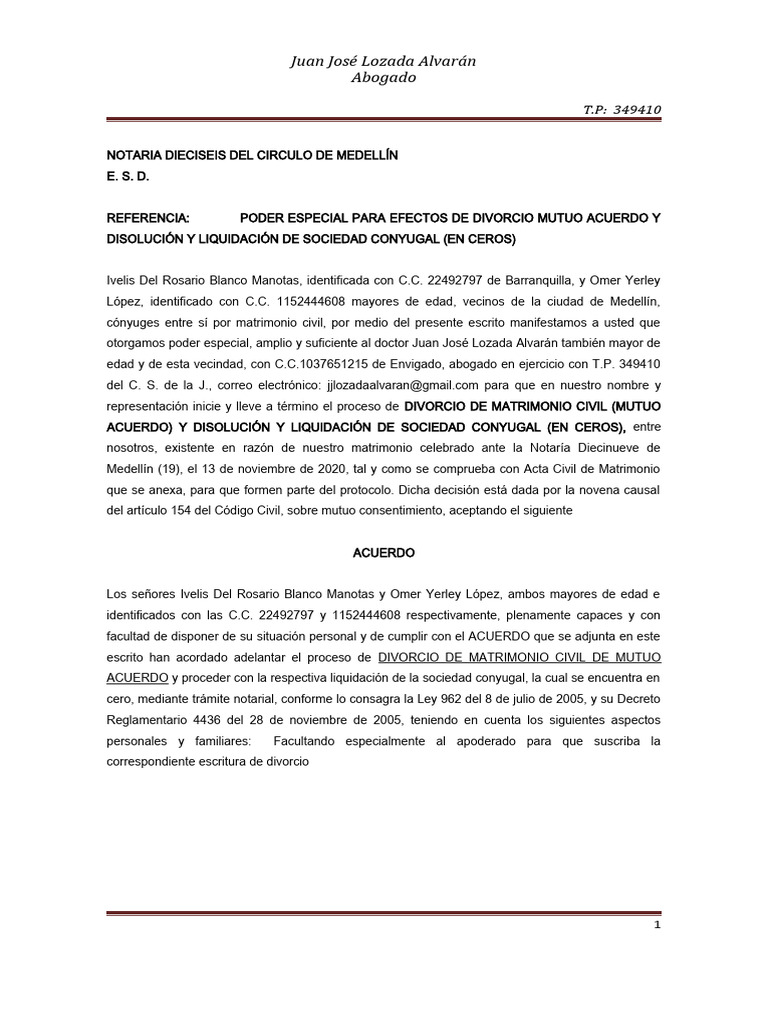 Poder Especial Divorcio | Descargar gratis PDF | Divorcio | Propiedad de la comunidad