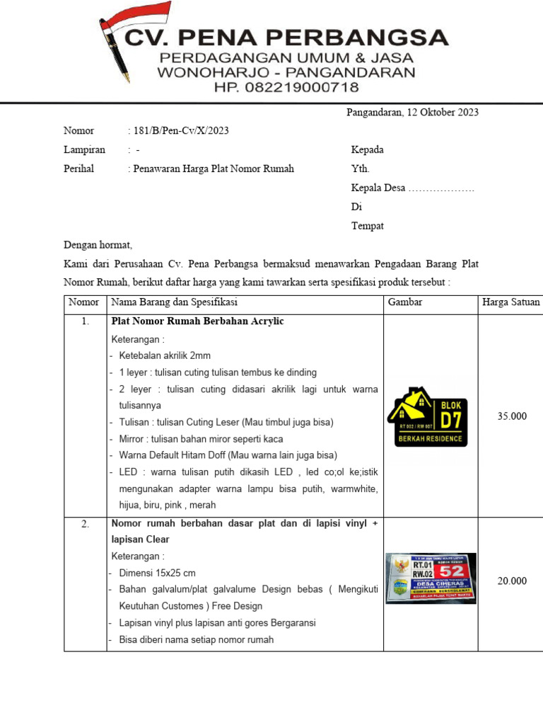 Surat Penawaran CV. Pena Perbangsa Tasik | PDF