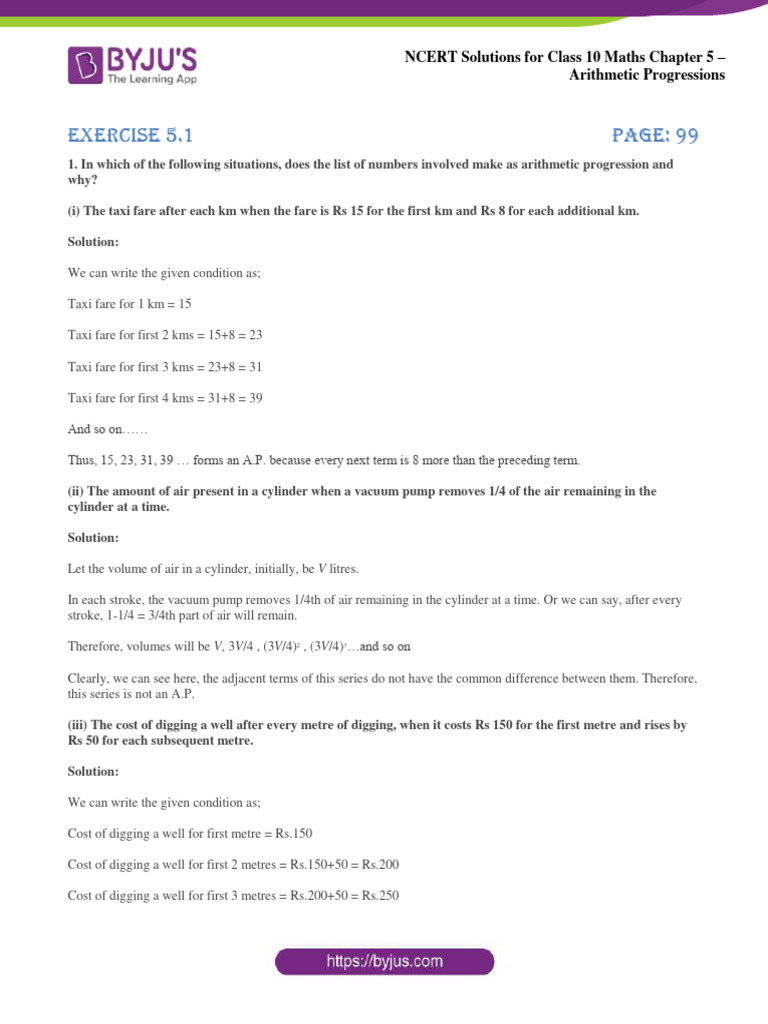 NCERT Solutions For Class 10 Maths Chapter 5 80 Arithmetic Progressions Exercise 5.1 | PDF ...