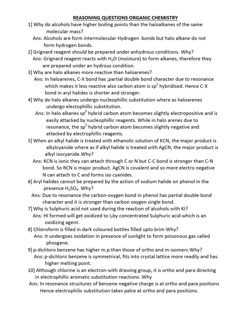 Reasoning Questions Organic Chemistry Class Xii | PDF | Amine ...