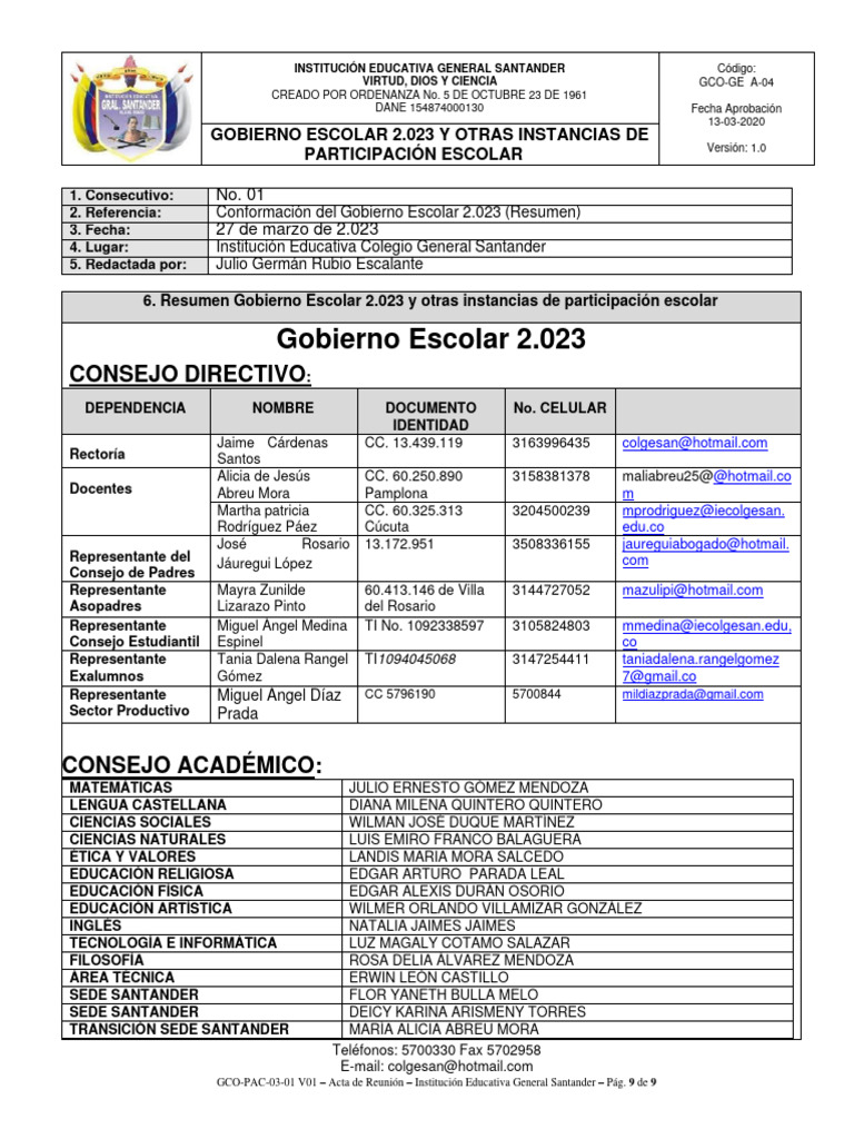 Acta Resumen Gobierno Escolar 2023 | PDF