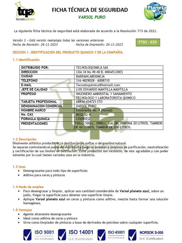 Ficha Técnica de Seguridad: Varsol Puro | PDF | Agua | Toxicidad