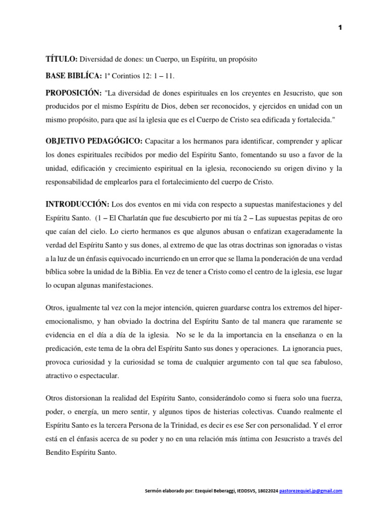 Sermon 1 Corintios 12 Del 1 Al 11 para DDSVS 180202024 | PDF | espíritu Santo | Cristo (título)