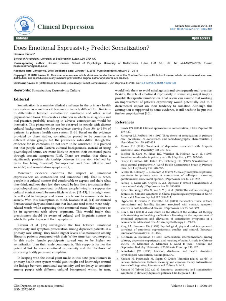 Emotional Expressivity Predict Somatization 2018 | PDF | Psychotherapy ... Emotional Expressivity Predict Somatization 2018 | PDF | Psychotherapy ...