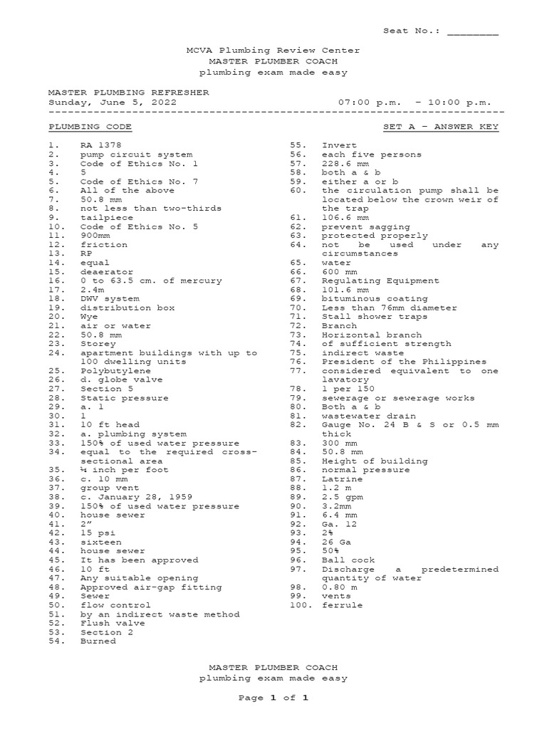 Plumbing Code Refresher PART 1 Answer Key | PDF | Sanitary Sewer | Plumbing