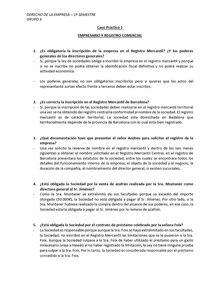 Caso Práctico 1 - Empresario y Registro Mercantil | PDF | Estado financiero | Business