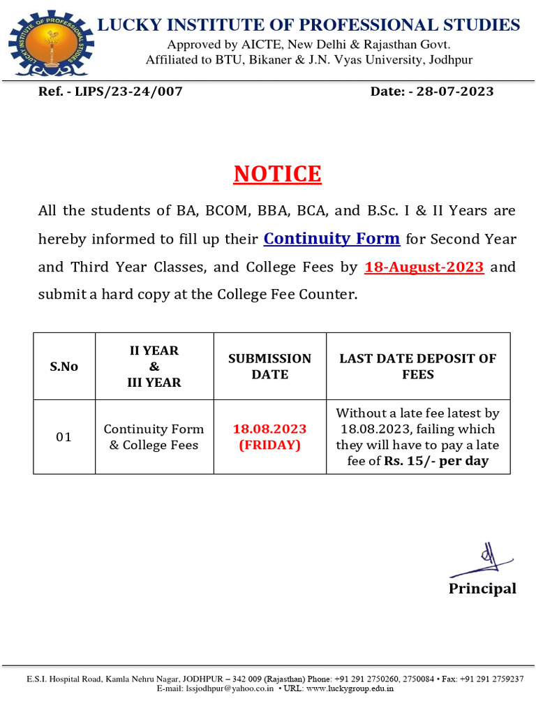 Notice For Continuity Form For Ii & Iii Years 2023 | PDF