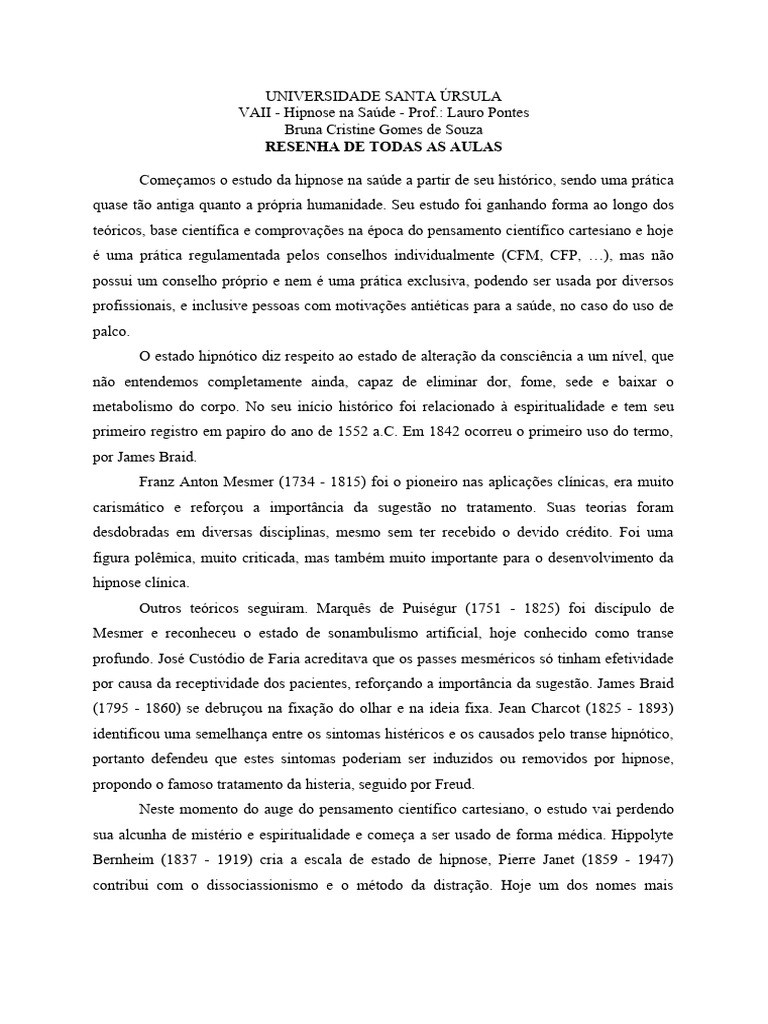 VA1 e VA2 - Hipnose Na Saúde - GOMES | PDF | Hipnose | Psicologia