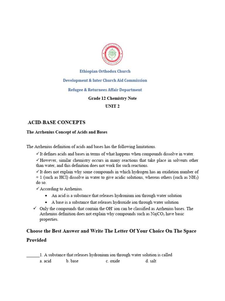 UNIT 2.docx Grade 12 Chemistry Note and WS | PDF | Ph | Acid