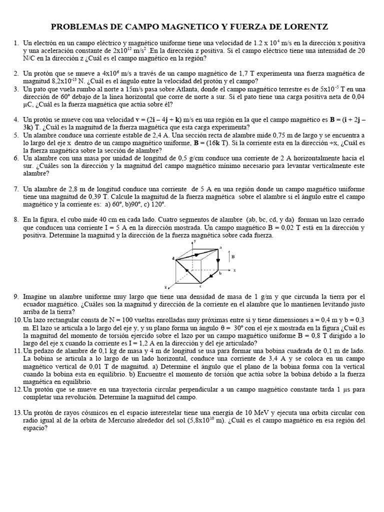 Problemas de Campo Magnetico y Fuerza de Lorentz | PDF | Campo magnético | Corriente eléctrica