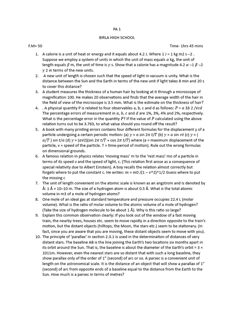 Class 11 Physics Question Paper | PDF | Science & Mathematics