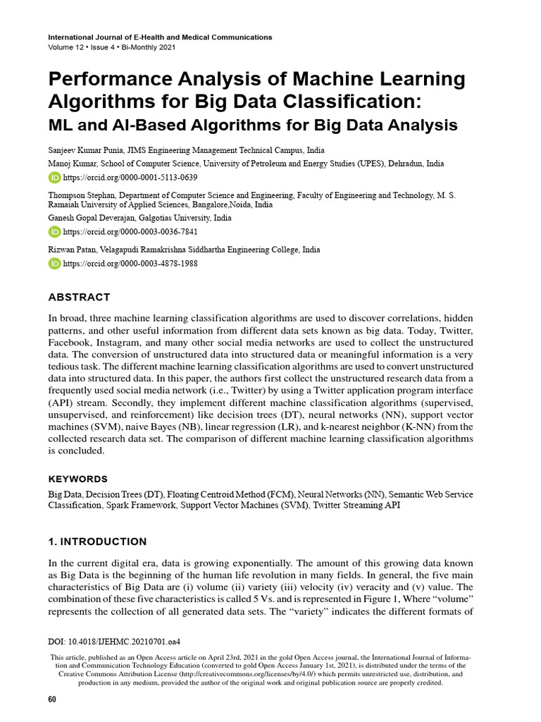 Performance Analysis of Machine Learning Algorithms For Big Data ... Performance Analysis of Machine Learning Algorithms For Big Data ...