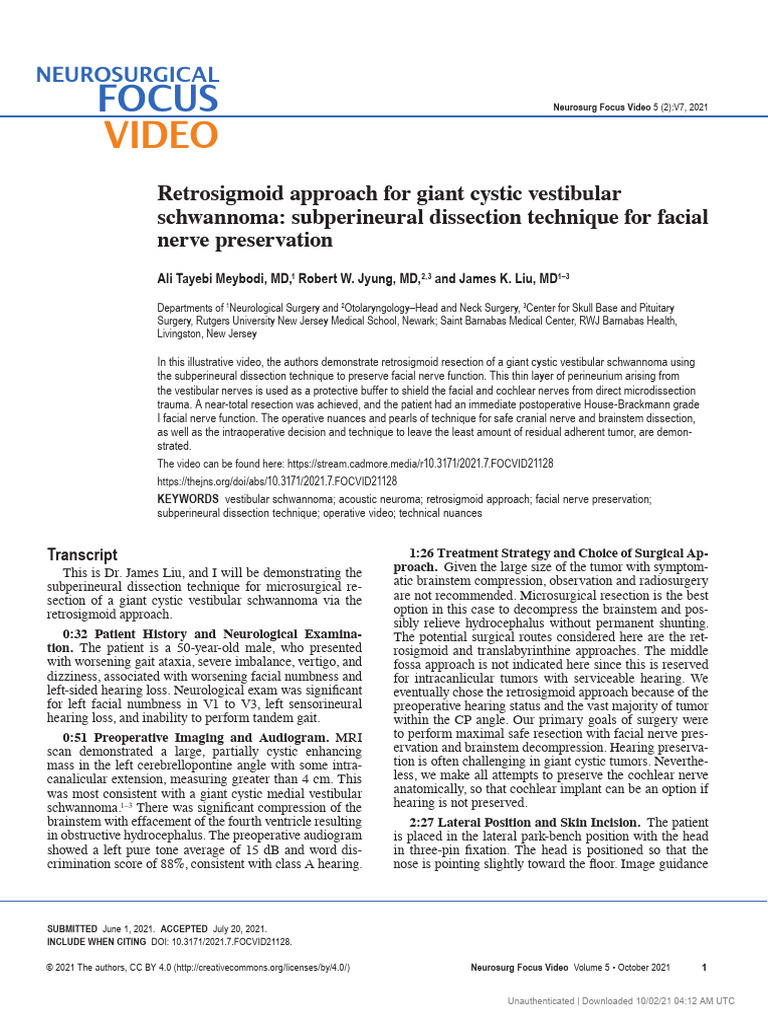 Retrosigmoid Approach For Giant Cystic Vestibular | PDF | Vertigo ...