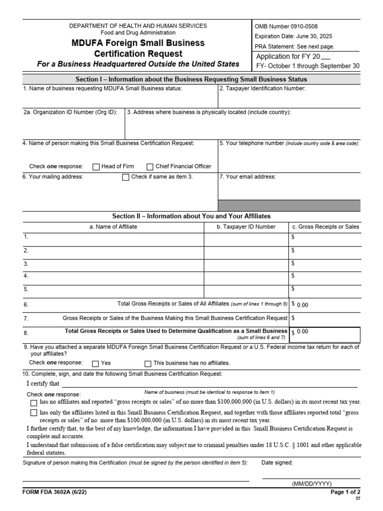 MDUFA Foreign Small Business Request | PDF | Irs Tax Forms | Business