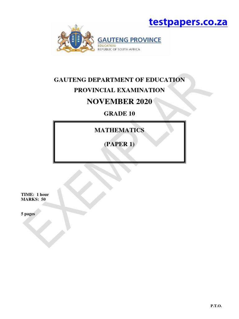Gr10 Math P1 (English) 2020 Exemplars Question Paper | PDF | Mathematics
