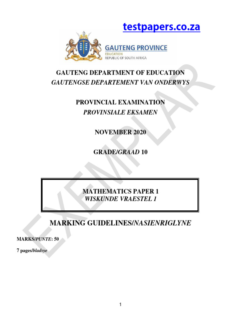 Gr10 Math P1 English And Afrikaans 2020 Exemplars Possible Answers Pdf