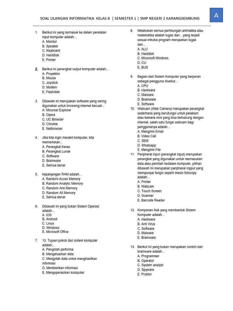 Soal Ulangan Informatika Kelas 8 | PDF