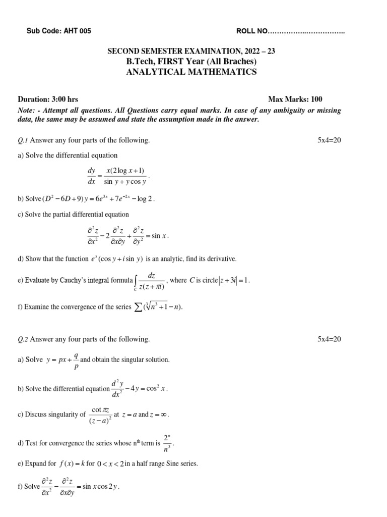 Analytical Mathematics Exam Questions | PDF | Equations | Calculus