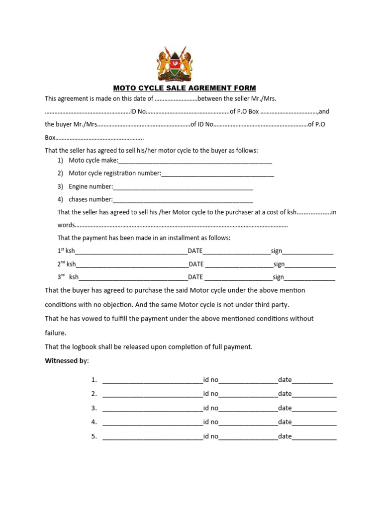 Moto Cycle Sale Agrement Form | PDF