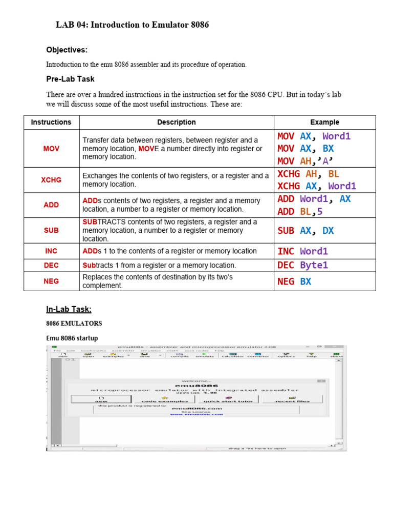 8086 Emulator Lab: Key Instructions Guide | PDF | Computers