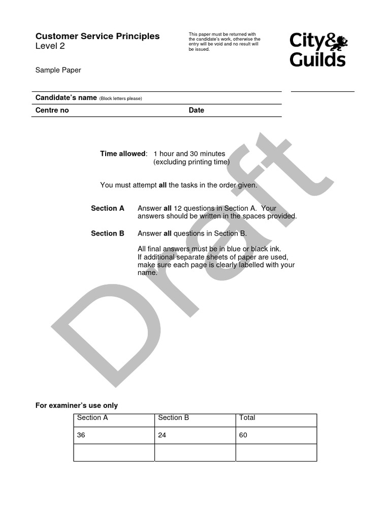 Customer Service Level 2 Assessment Paper | PDF | Business