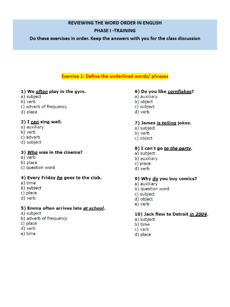 Reviewing The Word Order in English 1 | PDF
