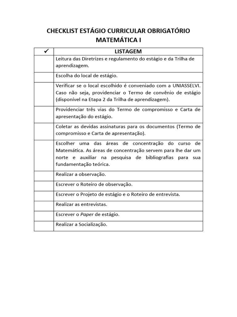 1.checklist Estágio Curricular Obrigatório Matemática I | PDF
