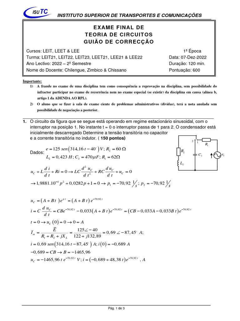 Guiao Correccao Exame TCIR 2022 ACTUAL 1 | PDF | Rede elétrica | Capacitor