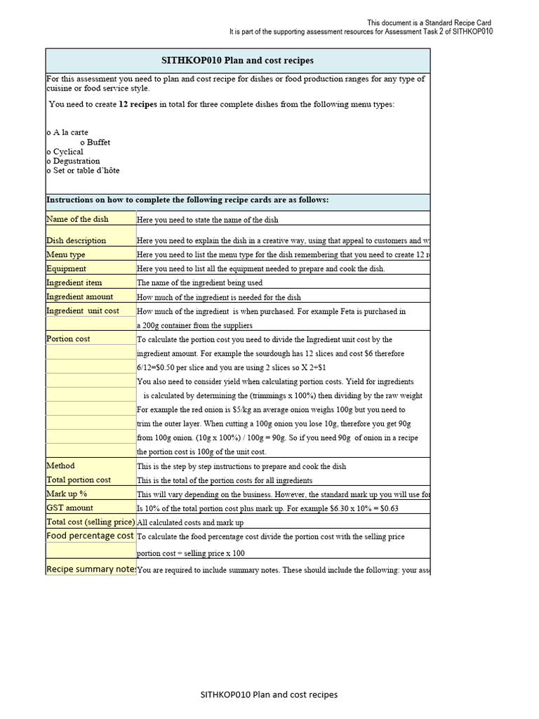 SITHKOP010 Standard Recipe Card Template | PDF | Menu | Recipe
