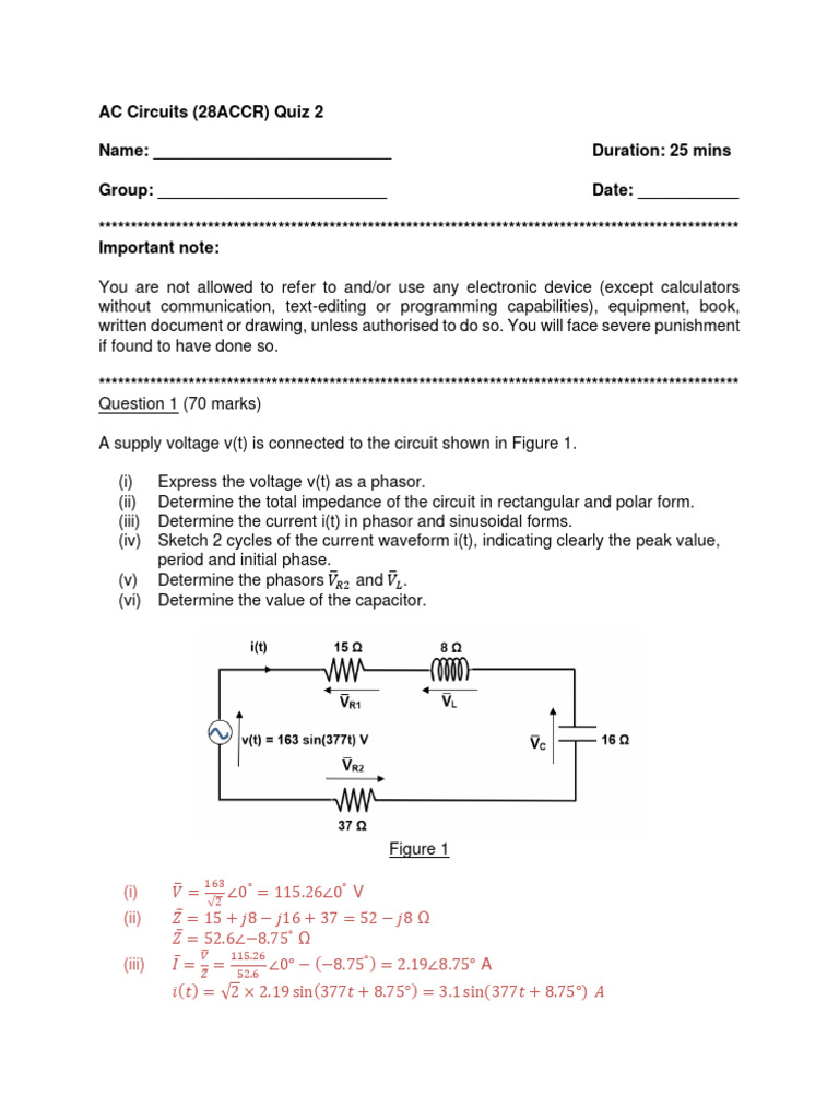 AC Circuits Quiz 2: Phasor Analysis | PDF | Electric Power | Electrical ...