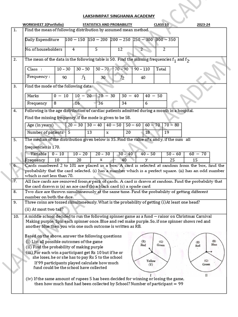 Class 10 Statistics and Probability Worksheet | PDF | Mode (Statistics ...