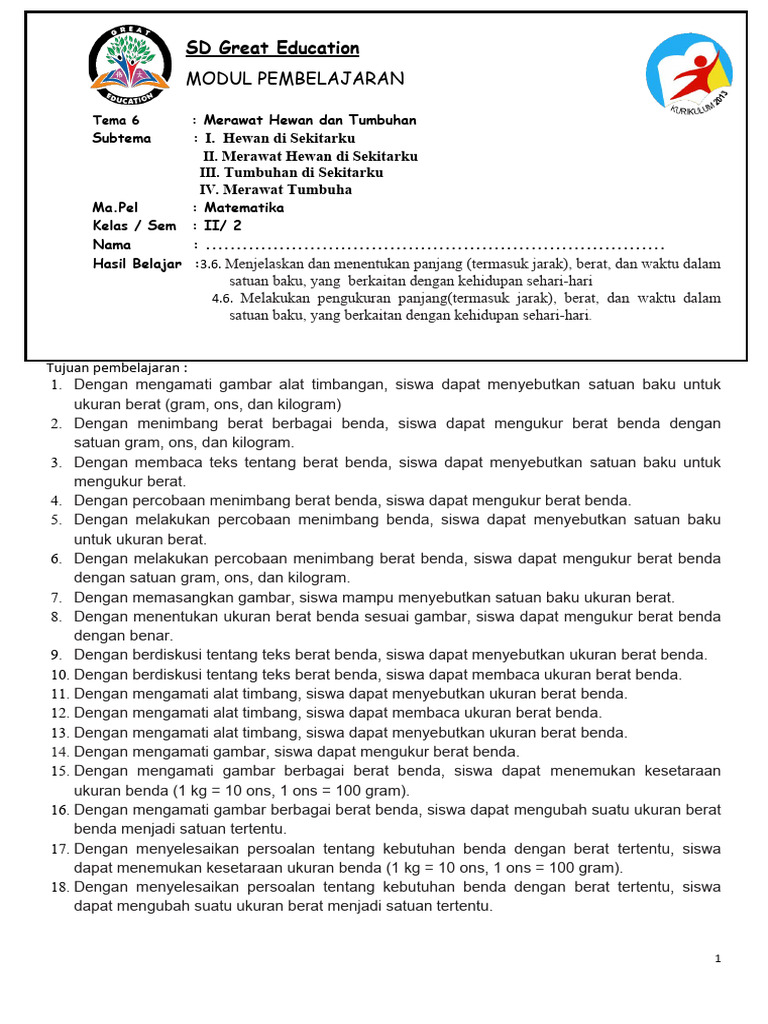 Modul Ajar MTK Tema 6 Kelas 2 SD | PDF | Seni & Disiplin Bahasa | Kajian Bahasa Asing