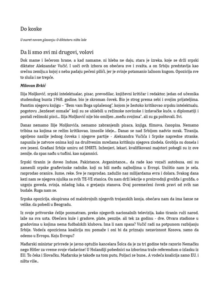 Da Li Smo Svi Mi Drugovi, Volovi-Milovan Brkic | PDF